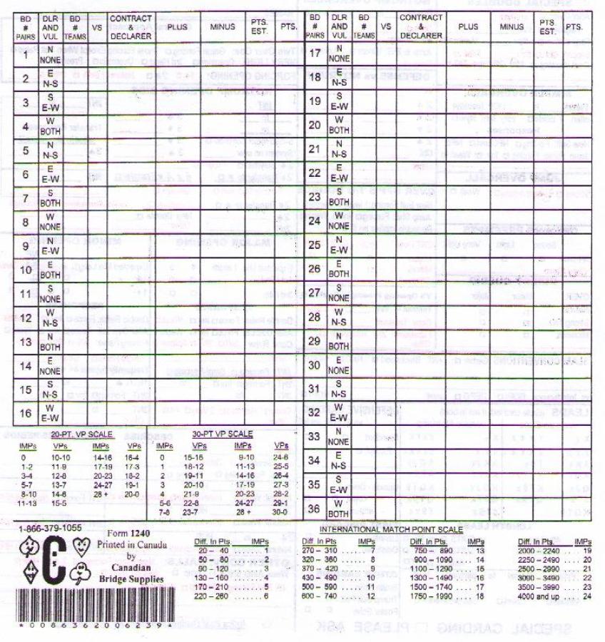 Sample Convention Cards - Form 1240 Standard - with Personal Score ...